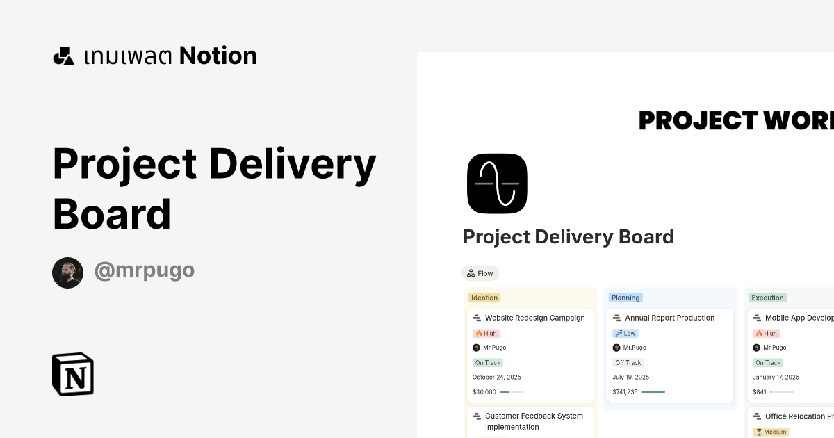 เทมเพลต Project Delivery Board โดย mrpugo | มาร์เก็ตเพลส Notion