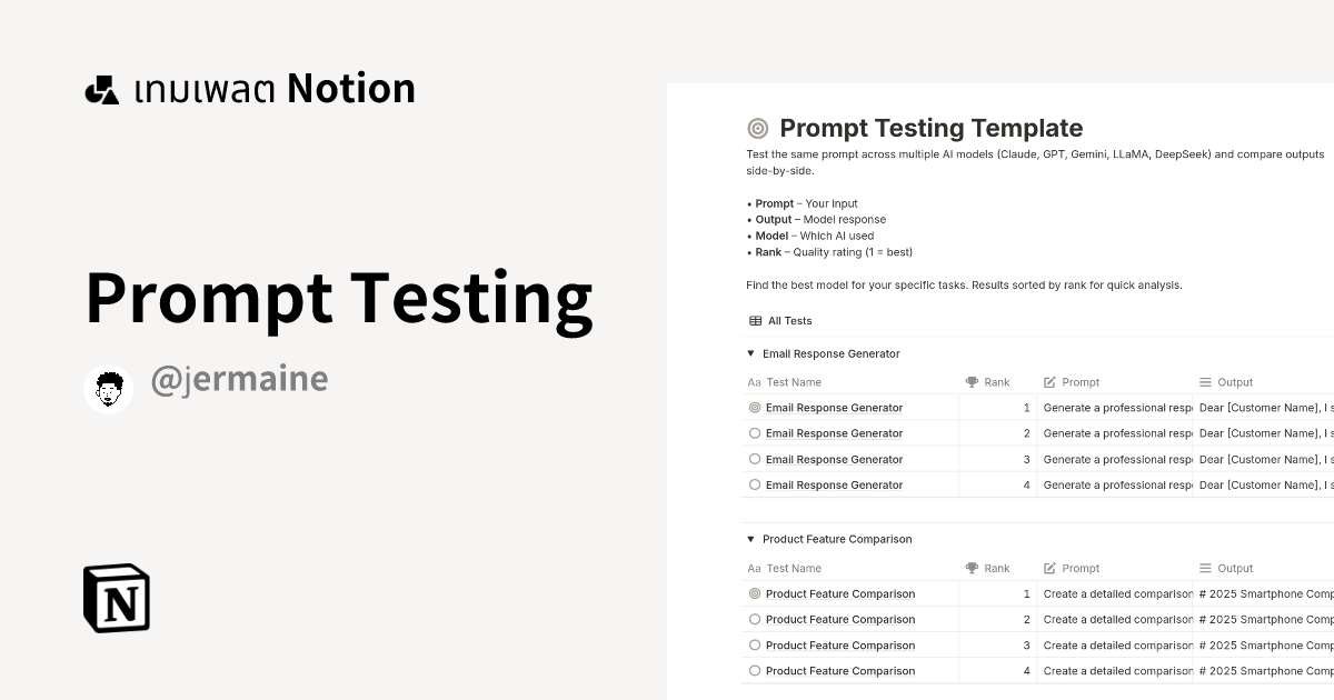 เทมเพลต Prompt Testing | มาร์เก็ตเพลส Notion