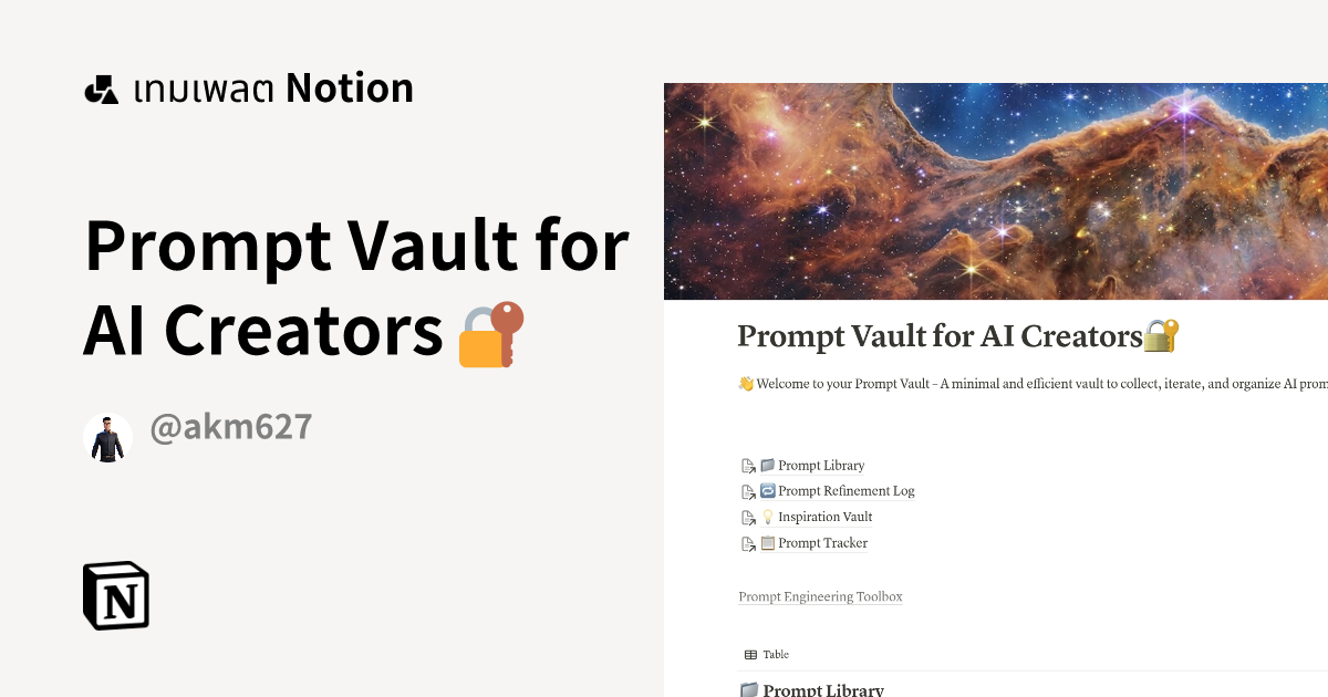 เทมเพลต Prompt Vault for AI Creators 🔐 โดย akm627 | มาร์เก็ตเพลส Notion