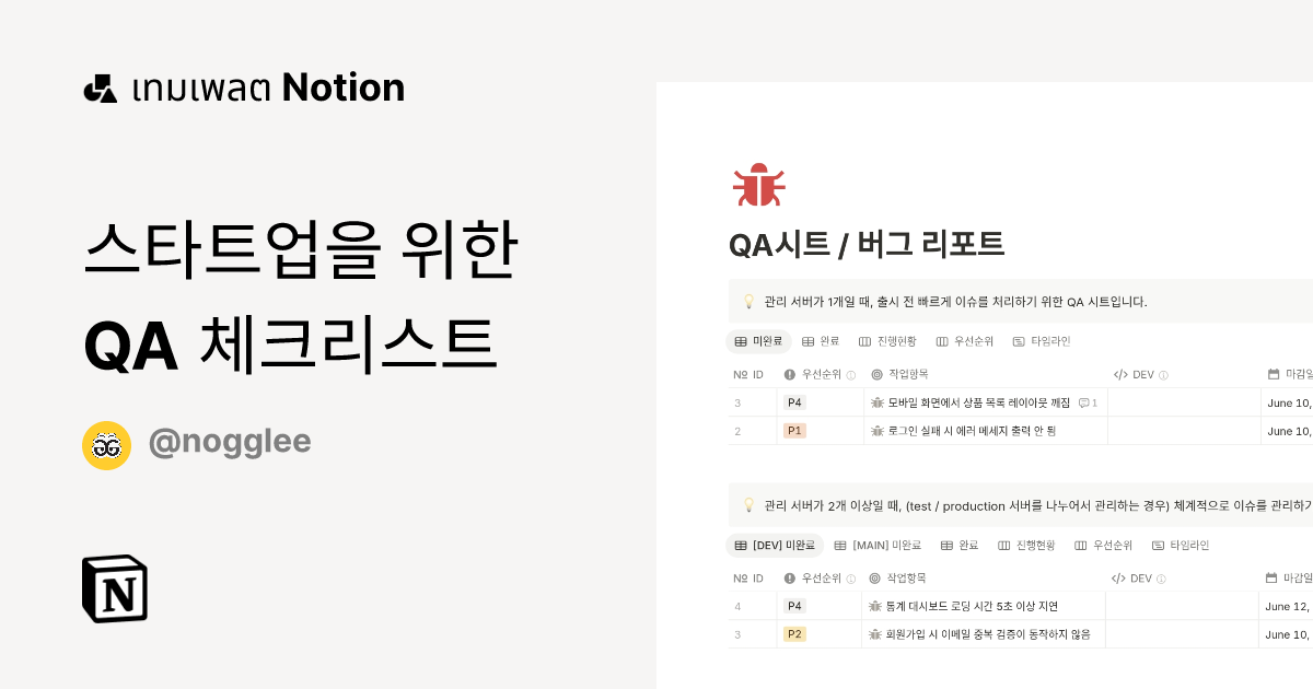 เทมเพลต 스타트업을 위한 QA 체크리스트 โดย 노글리 nogglee | มาร์เก็ตเพลส Notion