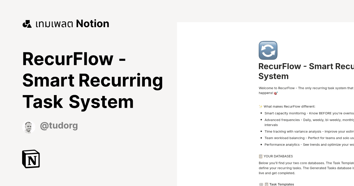 เทมเพลต RecurFlow - Smart Recurring Task System | มาร์เก็ตเพลส Notion