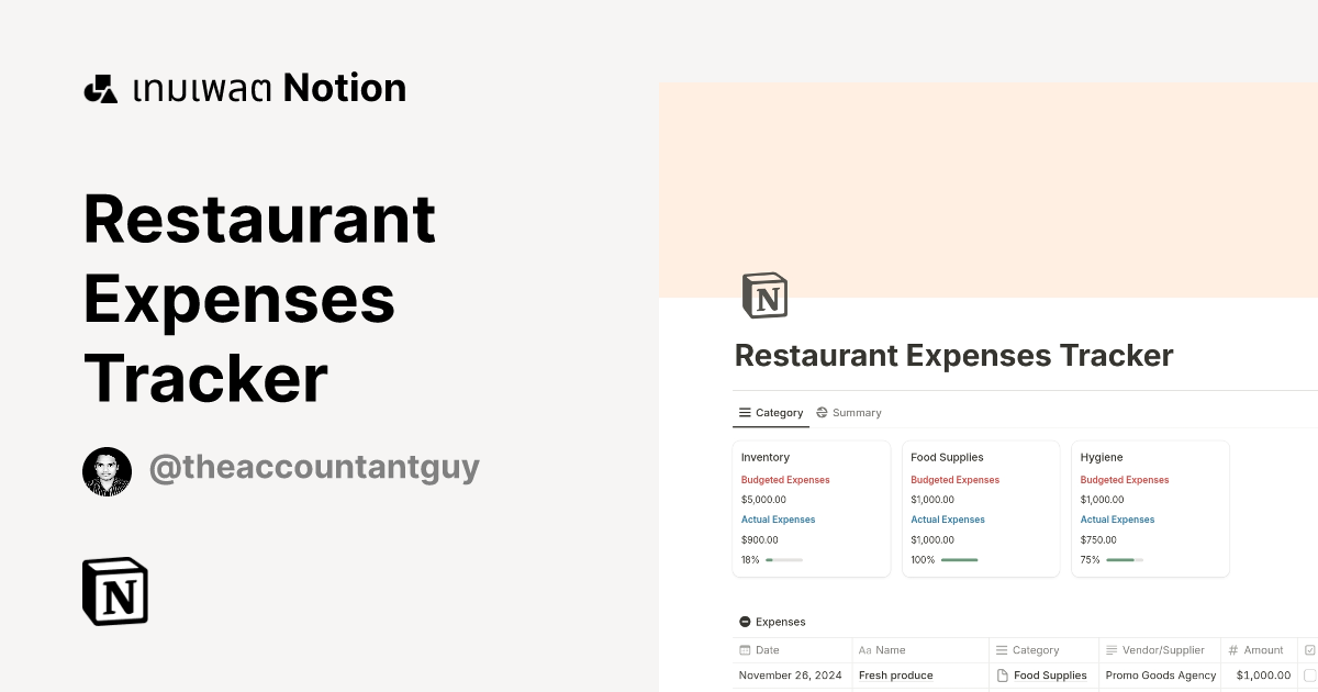 เทมเพลต Restaurant Expenses Tracker | มาร์เก็ตเพลส Notion