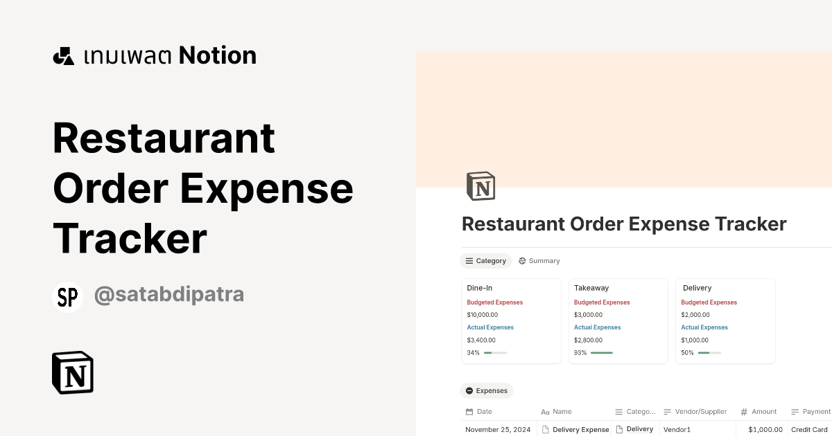 เทมเพลต Restaurant Order Expense Tracker | มาร์เก็ตเพลส Notion