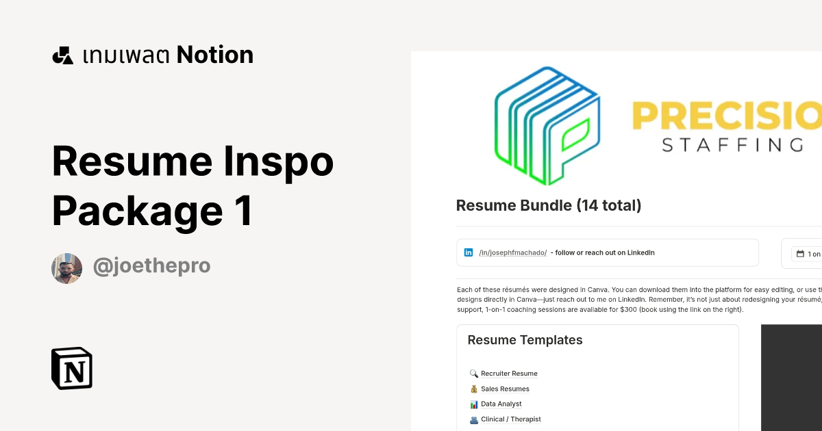 เทมเพลต Resume Inspo Package 1 | มาร์เก็ตเพลส Notion