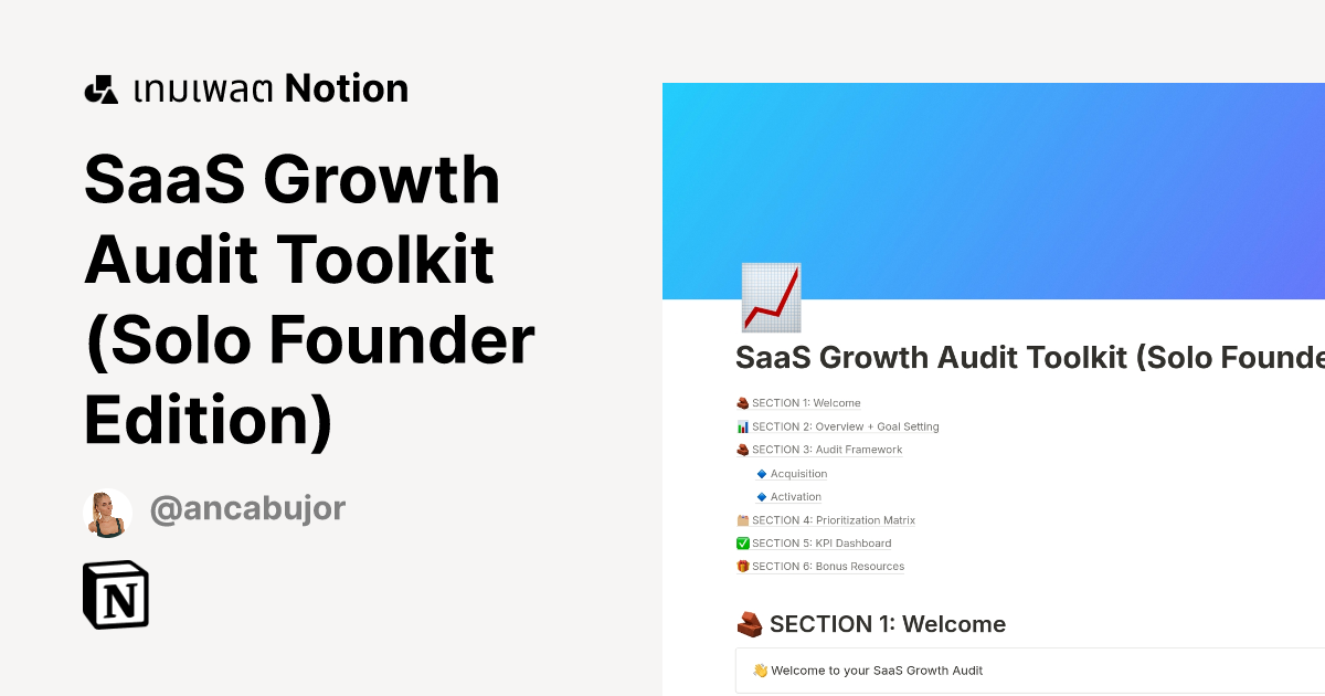 เทมเพลต SaaS Growth Audit Toolkit (Solo Founder Edition) โดย Anca Bujor | มาร์เก็ตเพลส Notion