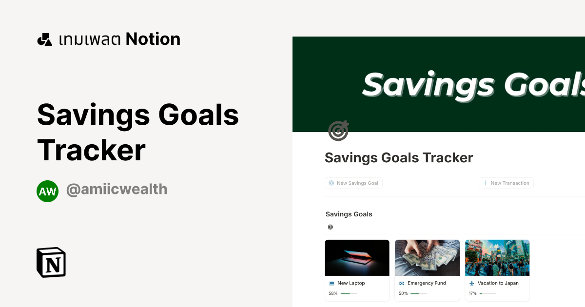 เทมเพลต Savings Goals Tracker โดย AMIIC Wealth | มาร์เก็ตเพลส Notion