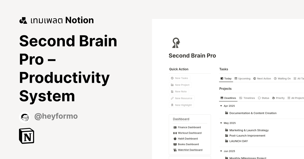 เทมเพลต Second Brain Pro — All-in-One Productivity OS โดย Formo | มาร์เก็ตเพลส Notion