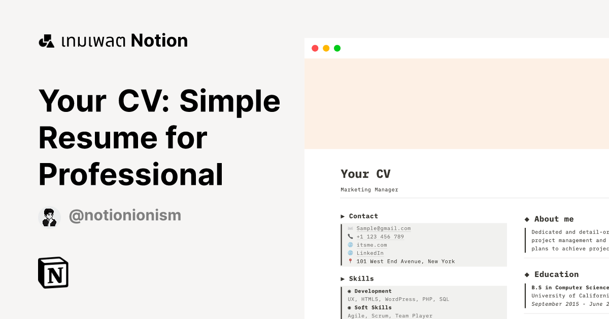 เทมเพลต Your CV: Simple Resume for Professional | มาร์เก็ตเพลส Notion