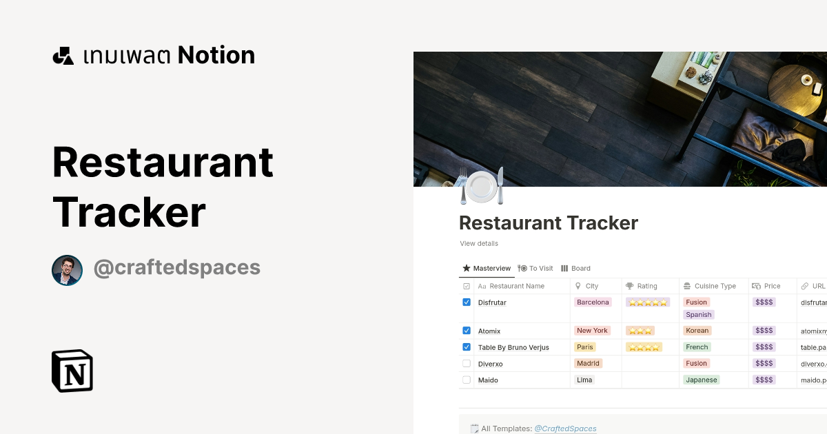 เทมเพลต Restaurant Tracker โดย Thomas Cerulis | มาร์เก็ตเพลส Notion