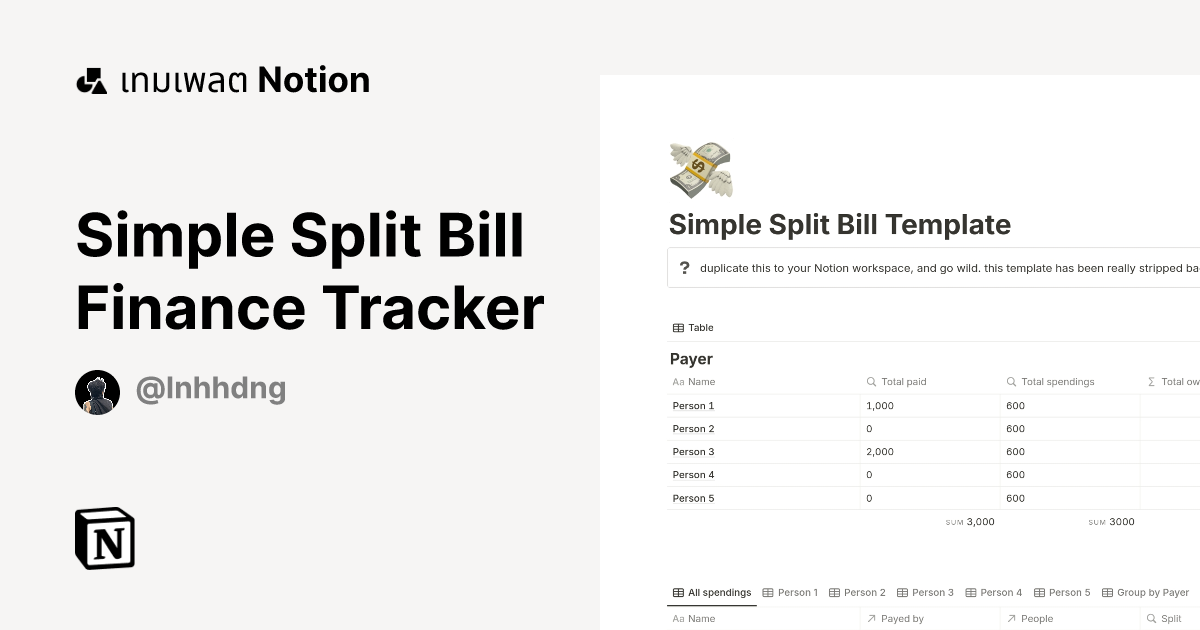 เทมเพลต Simple Split Bill Finance Tracker โดย Linh | มาร์เก็ตเพลส Notion