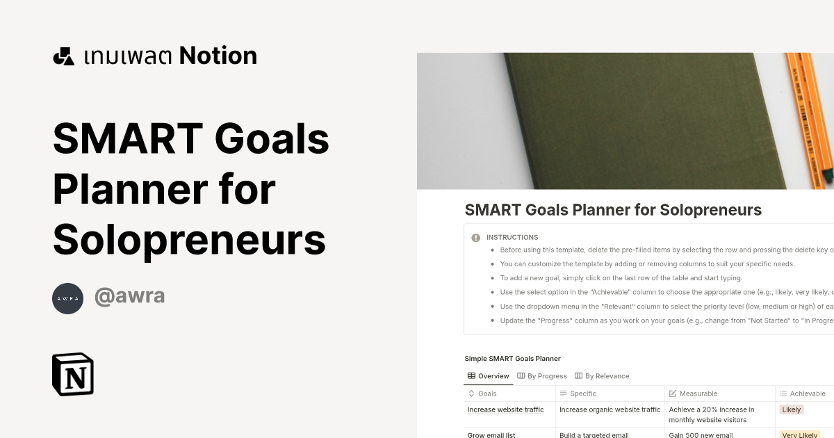 เทมเพลต SMART Goals Planner for Solopreneurs | มาร์เก็ตเพลส Notion