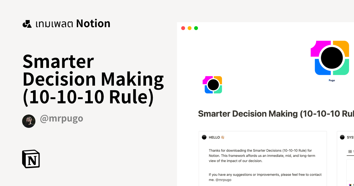 เทมเพลต Smarter Decision Making (10-10-10 Rule) โดย mrpugo | มาร์เก็ตเพลส Notion