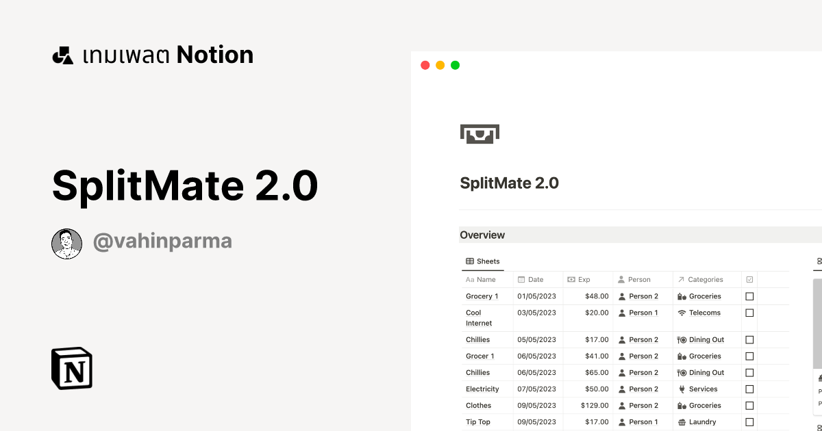 เทมเพลต SplitMate 2.0 โดย Vahin Parma | มาร์เก็ตเพลส Notion
