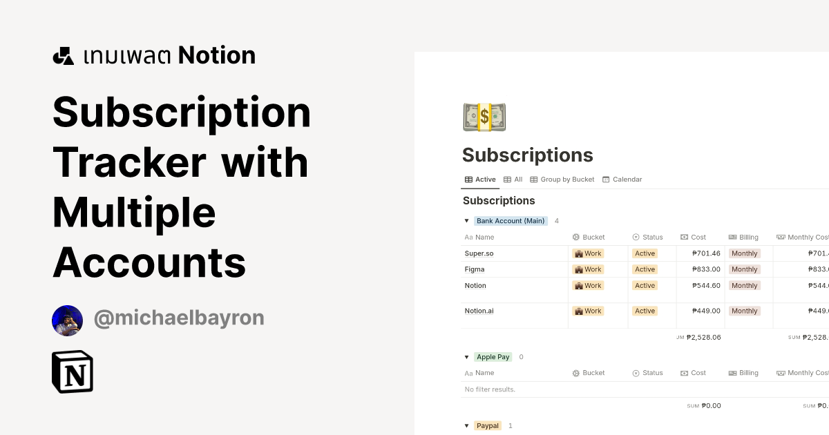 เทมเพลต Subscription Tracker with Multiple Accounts | มาร์เก็ตเพลส Notion