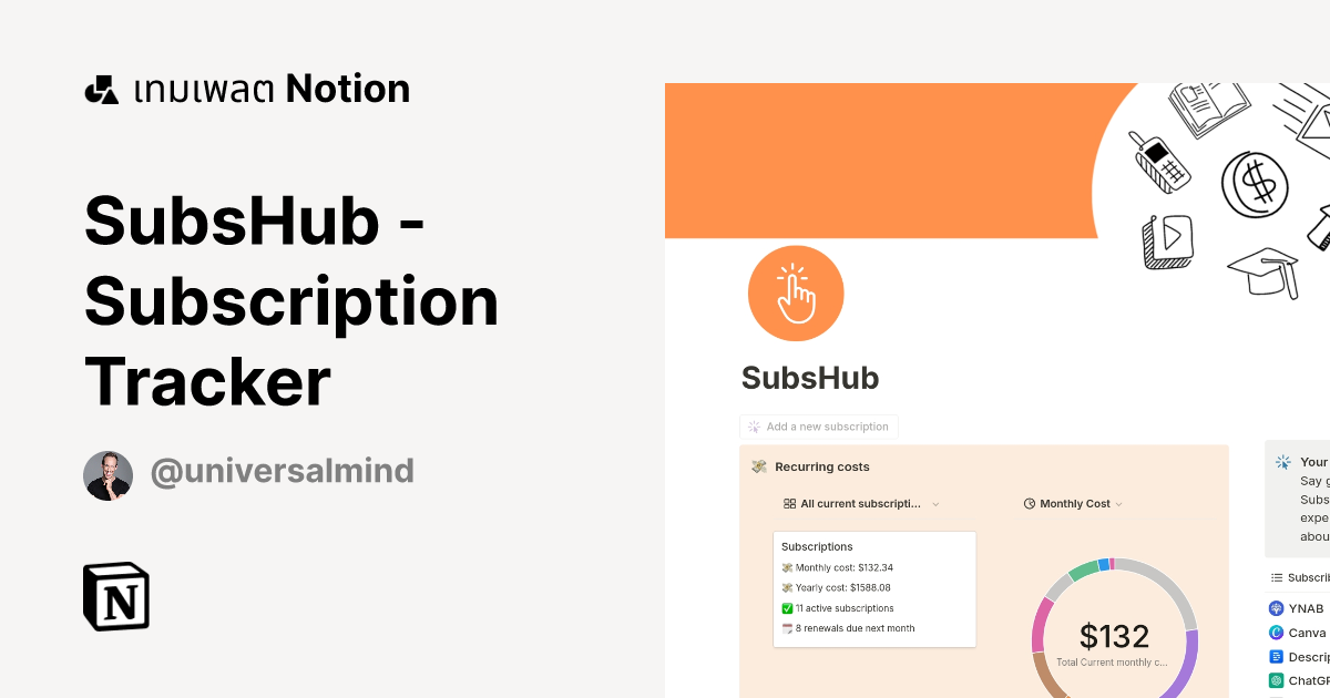 เทมเพลต SubsHub - Subscription Tracker โดย Pascal Raabe | มาร์เก็ตเพลส Notion