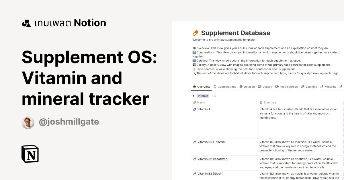 เทมเพลต Supplement OS: Vitamin and mineral tracker | มาร์เก็ตเพลส Notion