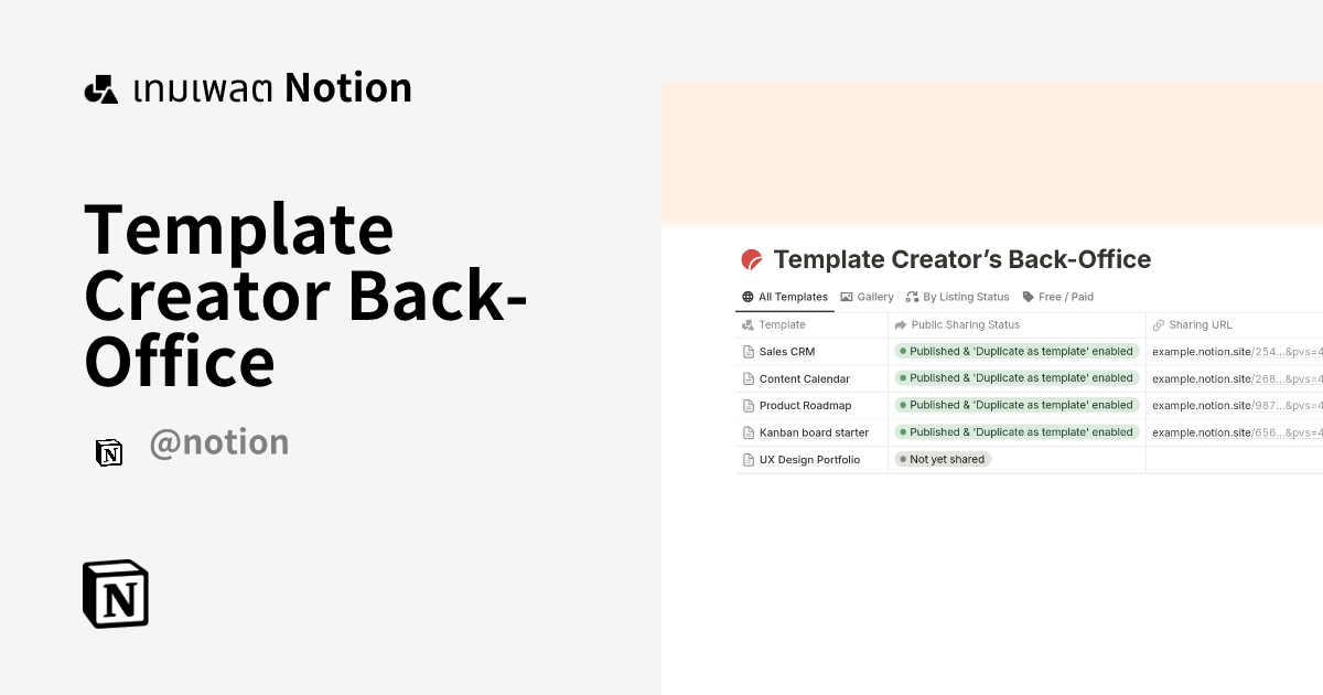 เทมเพลต Template Creator Back-Office 2026 | มาร์เก็ตเพลส Notion