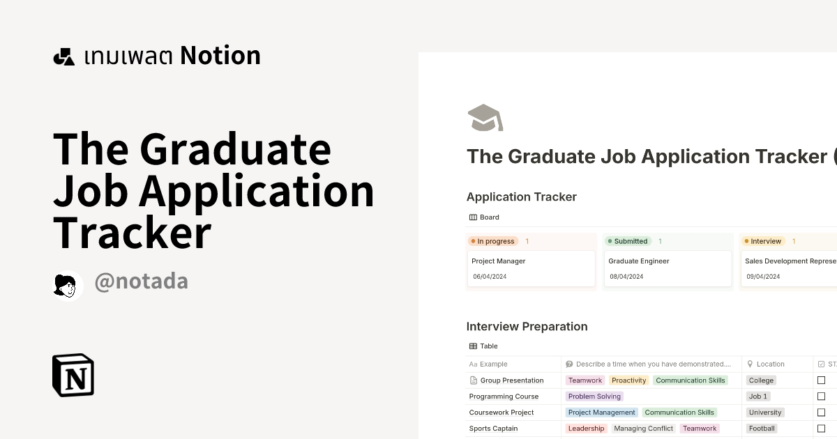 เทมเพลต The Graduate Job Application Tracker โดย Naomi | Notada ...