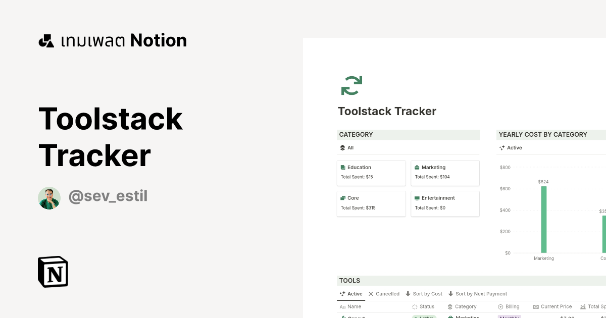 เทมเพลต Toolstack Tracker โดย Sev Estil | มาร์เก็ตเพลส Notion