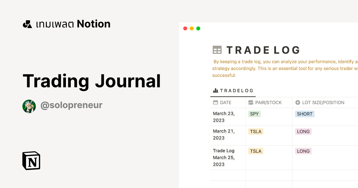 เทมเพลต Trading Journal โดย Solopreneur | มาร์เก็ตเพลส Notion