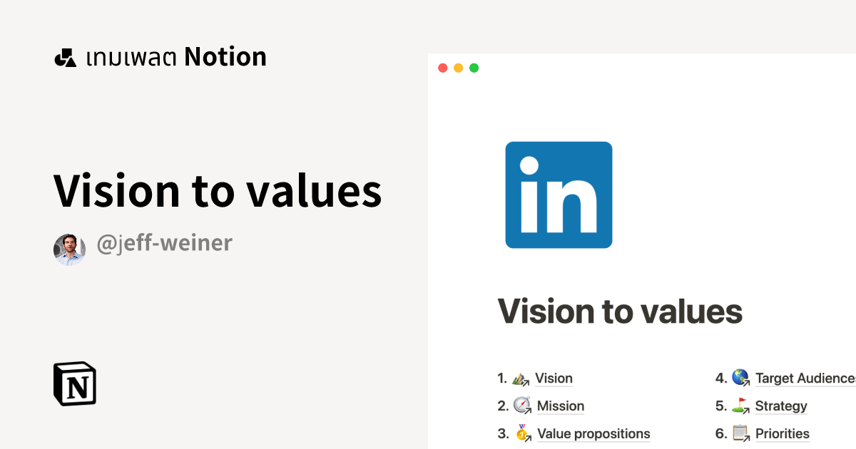 เทมเพลต Vision to values โดย Jeff Weiner | มาร์เก็ตเพลส Notion