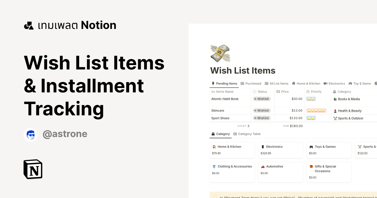 เทมเพลต Wish List Items & Installment Tracking | มาร์เก็ตเพลส Notion