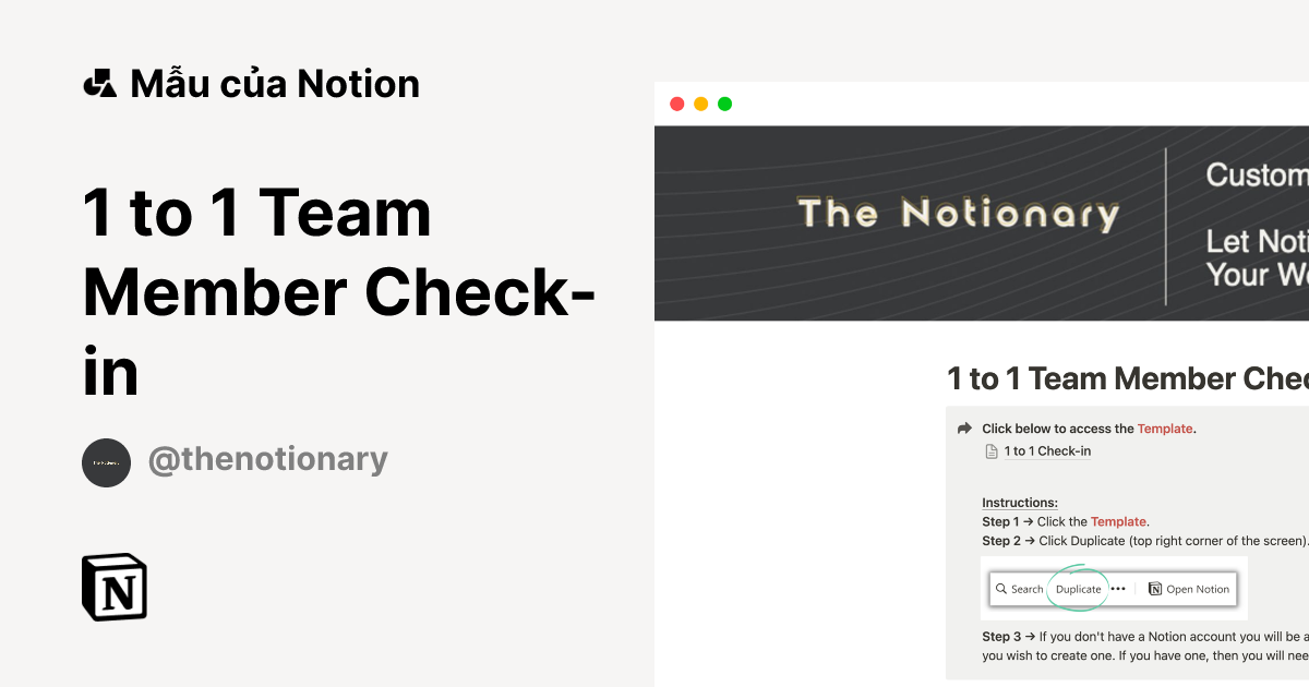 1 to 1 Team Member Check-in Mẫu do TheNotionary tạo | Thị trường Notion