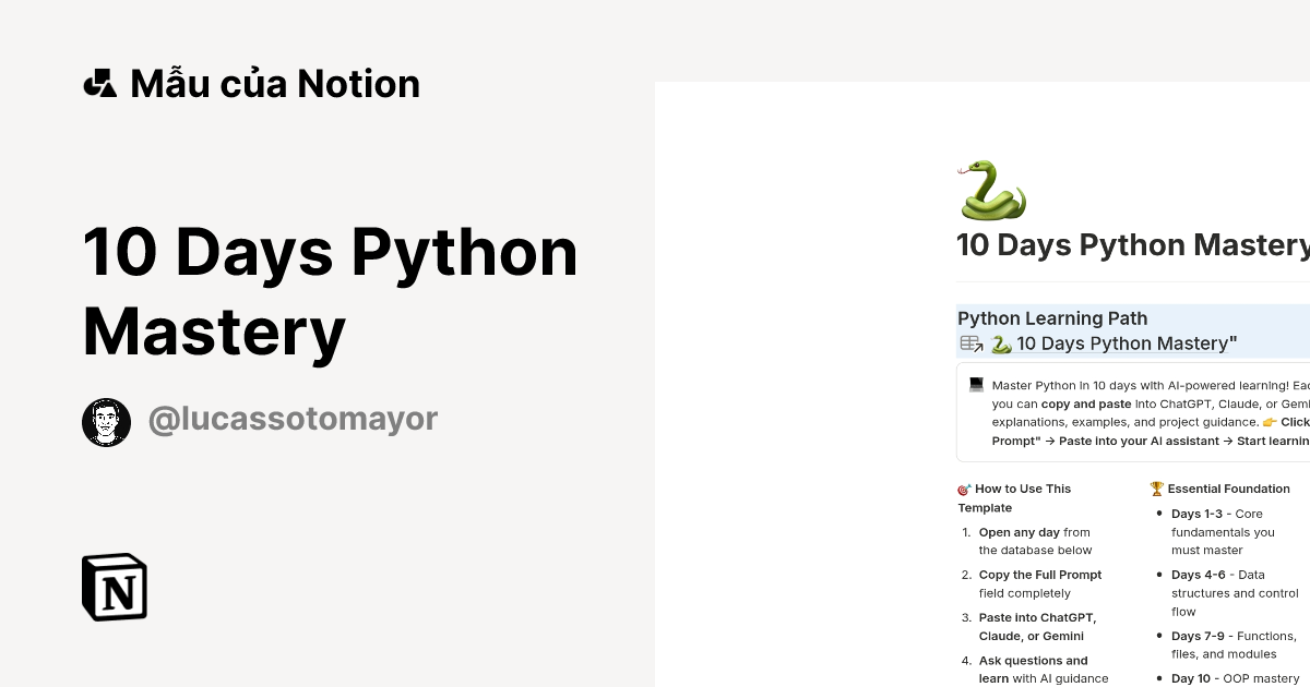 10 Days Python Mastery Mẫu do Lucas Sotomayor tạo | Thị trường Notion
