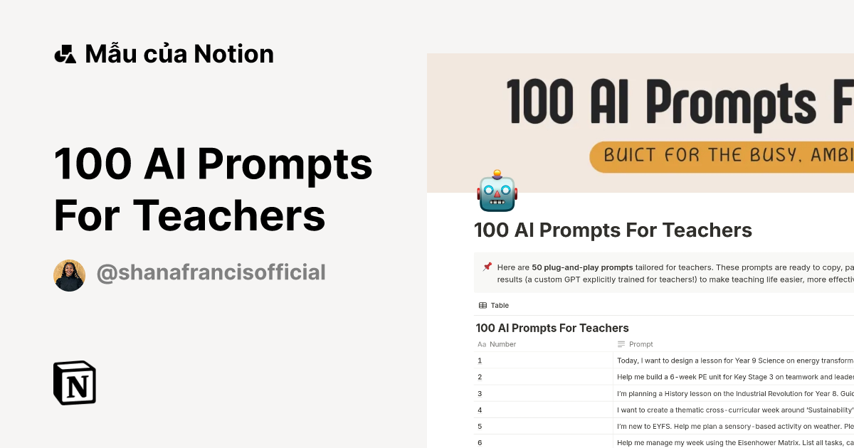 Mẫu 100 AI Prompts For Teachers | Thị trường Notion