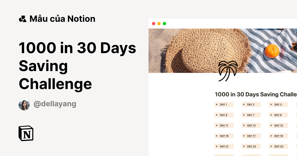 1000 in 30 Days Saving Challenge Mẫu do Della Yang tạo | Thị trường Notion