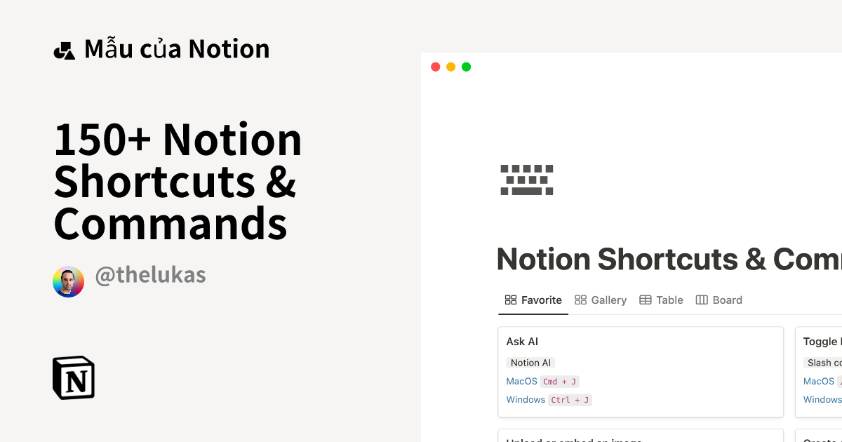 Mẫu 150+ Notion Shortcuts & Commands | Thị trường Notion