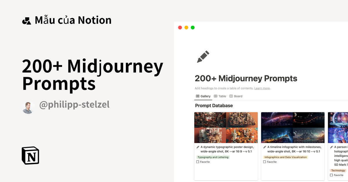 200+ Midjourney Prompts Mẫu do Philipp Stelzel tạo | Thị trường Notion
