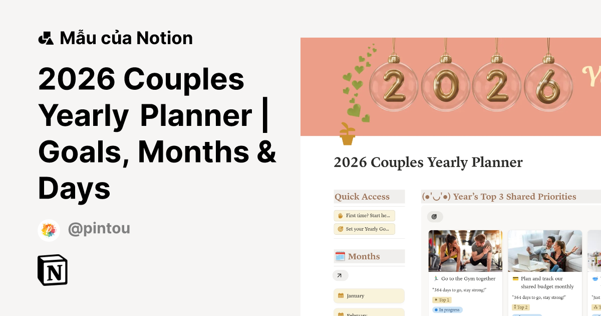 Mẫu 2026 Couples Yearly Planner | Goals, Months & Days | Thị trường Notion