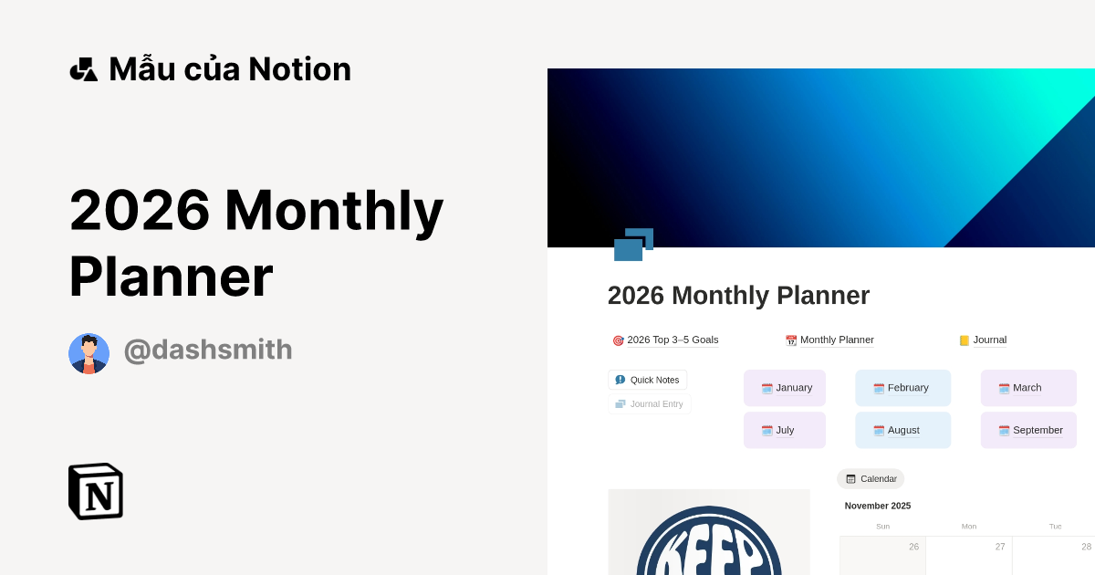2026 Monthly Planner Mẫu do Dash Smith tạo | Thị trường Notion