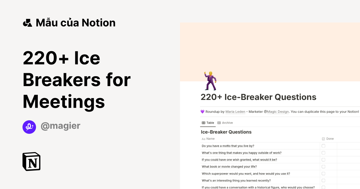 Mẫu 220+ Ice Breakers for Meetings | Thị trường Notion