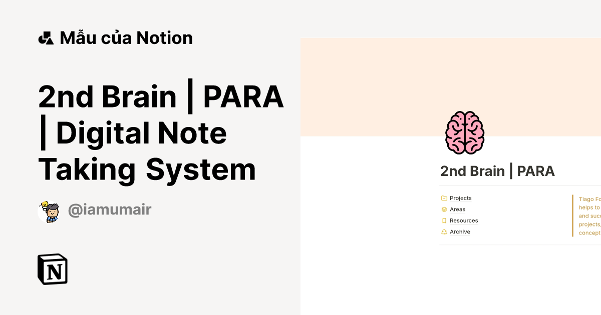 Mẫu 2nd Brain | PARA | Digital Note Taking System | Thị trường Notion