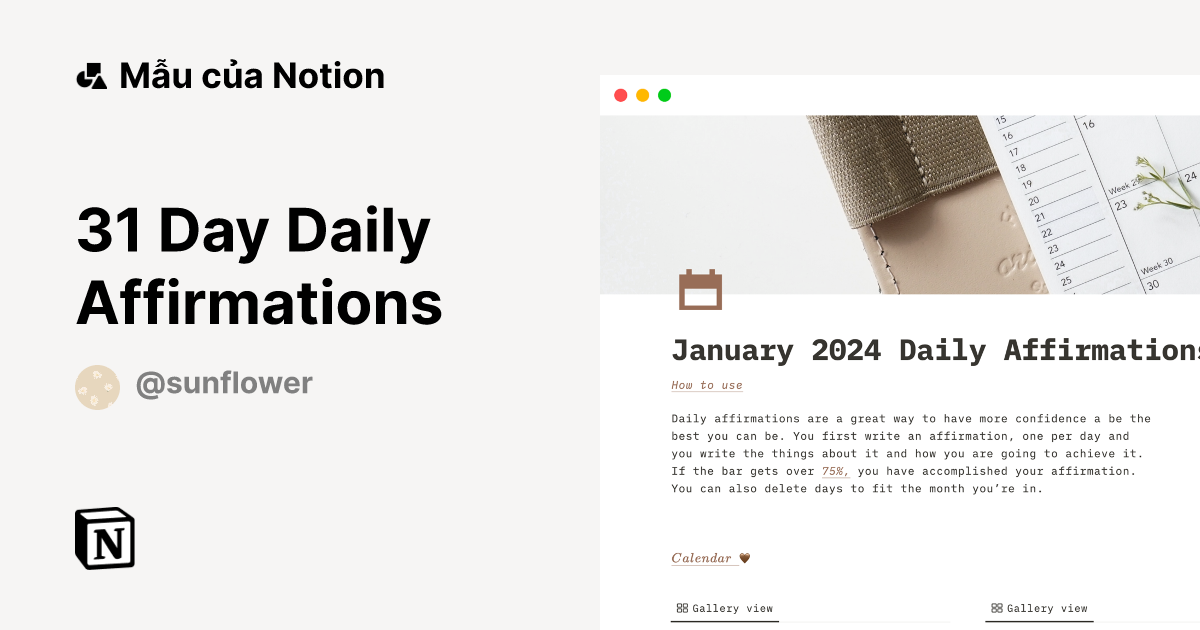 31 Day Daily Affirmations Mẫu do Daily affirmations tạo | Thị trường Notion