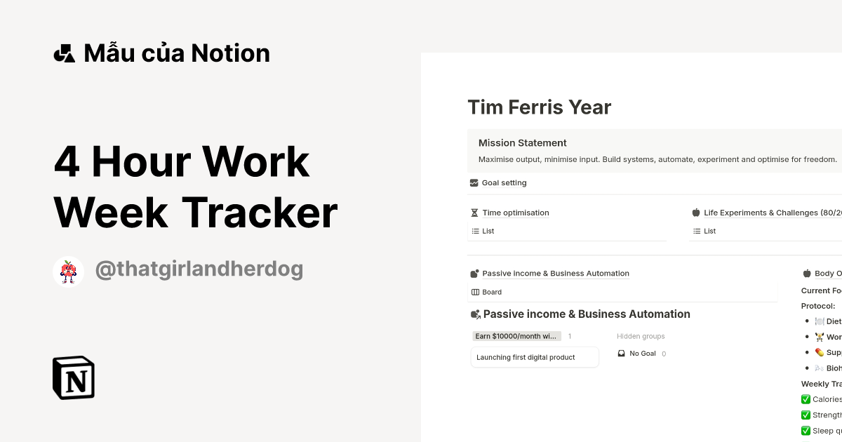 4 Hour Work Week Tracker Mẫu do Vanessa tạo | Thị trường Notion