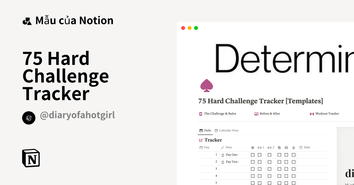 75 Hard Challenge Tracker Mẫu do DiaryOfAHotGirl tạo | Thị trường Notion