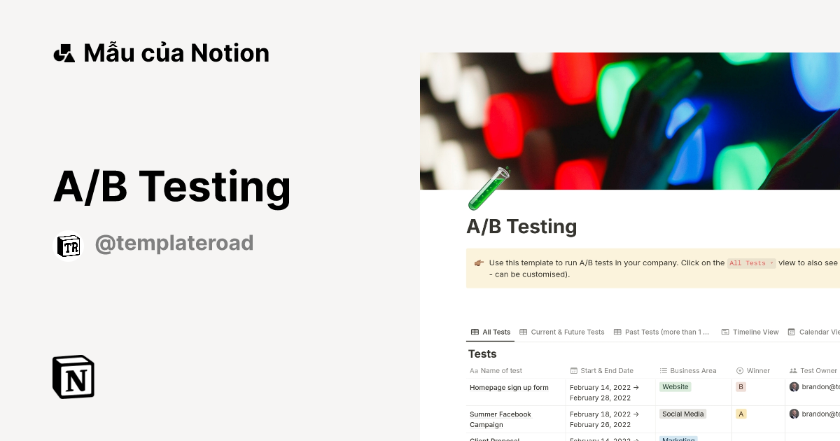 A/B Testing Mẫu do Template Road tạo | Thị trường Notion