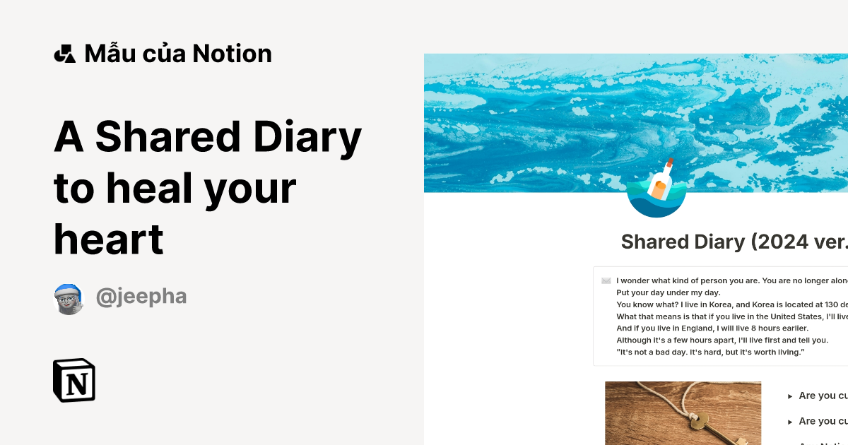 A Shared Diary to heal your heart Mẫu do Jeepha tạo | Thị trường Notion