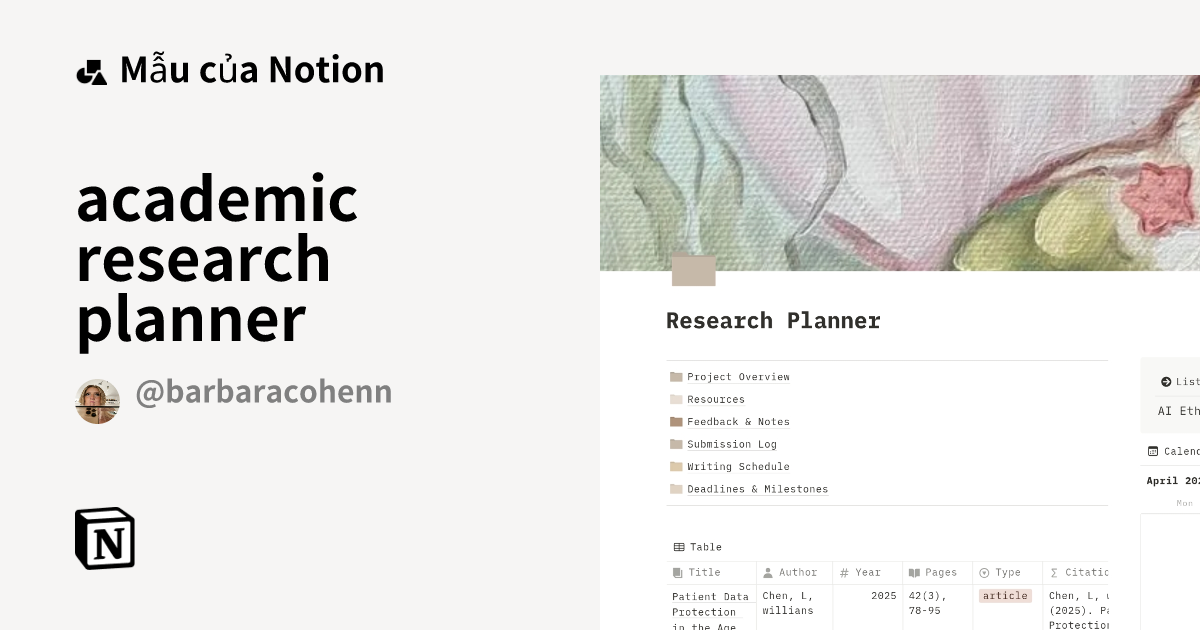 academic research planner Mẫu do Bárbara cohen tạo | Thị trường Notion