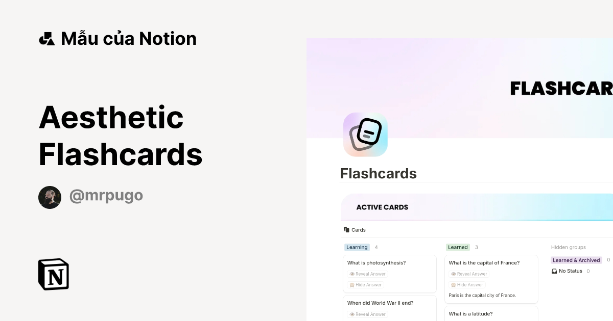 Aesthetic Flashcards Mẫu do mrpugo tạo | Thị trường Notion