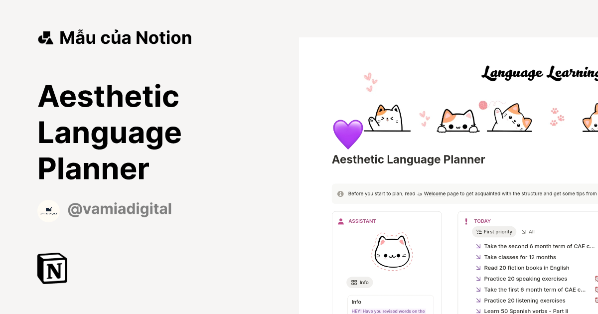 Aesthetic Language Planner Mẫu do VAmiaDigital tạo | Thị trường Notion