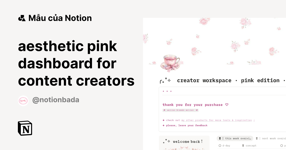 Mẫu aesthetic pink dashboard for content creators | Thị trường Notion