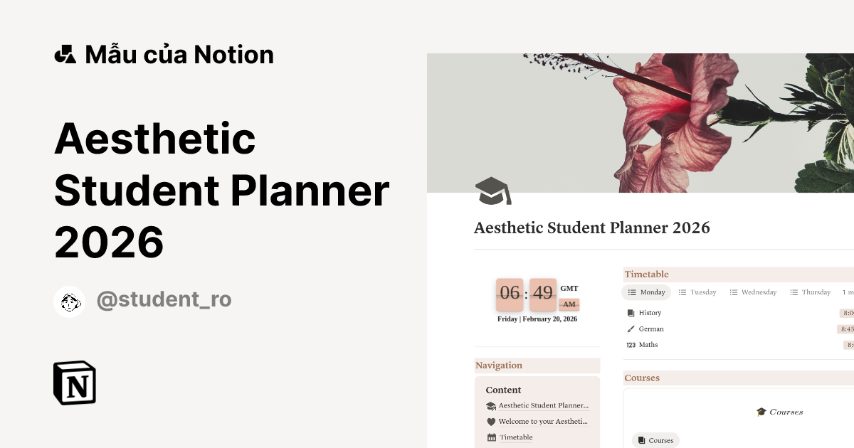 Mẫu Aesthetic Student Planner 2026 | Thị trường Notion
