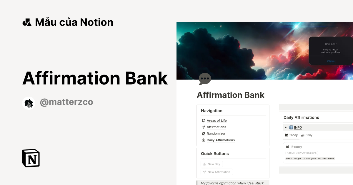 Affirmation Bank Mẫu do Matterz Co. tạo | Thị trường Notion