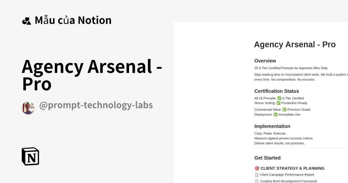 Agency Arsenal - Pro Mẫu do Prompt Technology Labs tạo | Thị trường Notion