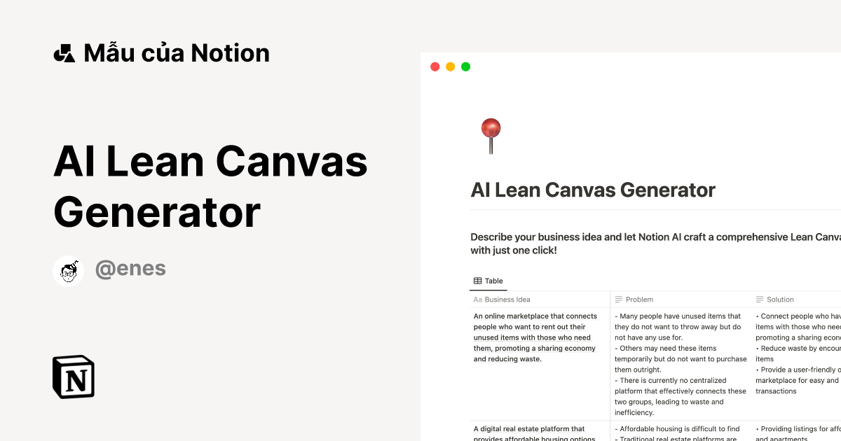 Mẫu AI Lean Canvas Generator | Thị trường Notion
