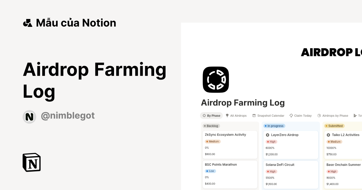 Airdrop Farming Log Mẫu do NimbleGot tạo | Thị trường Notion